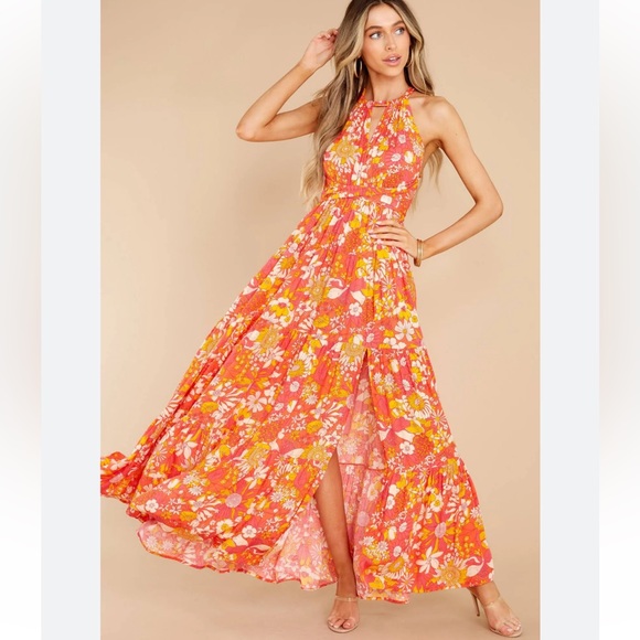 Aakaa | Dresses | Red Dress Aakaa Pink Orange Backless Keyhole Halter ...